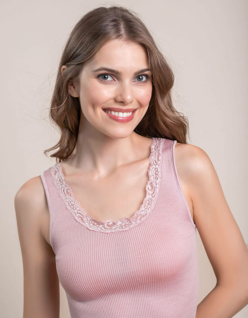 Ribbed silk wool and lace camisole with wide straps